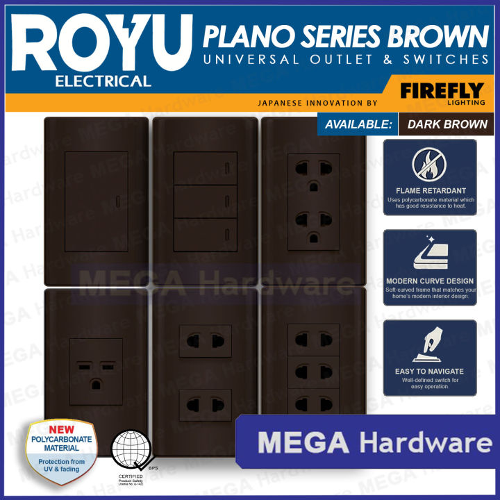 ROYU Plano Series Dark Brown Universal Outlet & Switch (1Gang, 2Gang ...