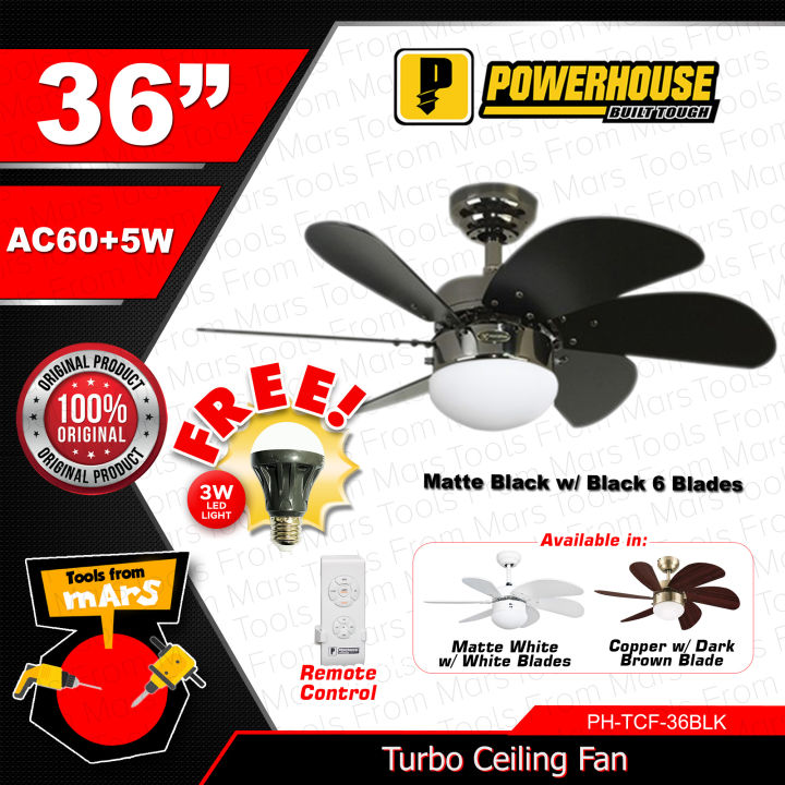POWERHOUSE Turbo Ceiling Fan AC Motor 36in With Led Bulb With Remote ...