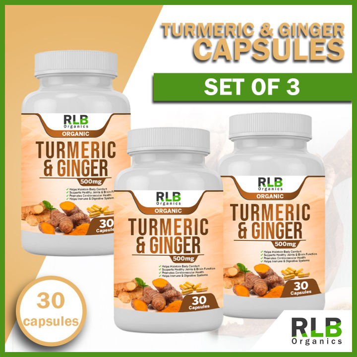 Set of 3 - Organic Pure Natural Turmeric and Ginger Capsules (30 ...