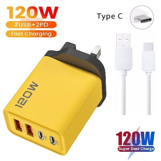 120w Fast Charger 2USB + 2PD Port Quick Charge Adapter With Cable ...