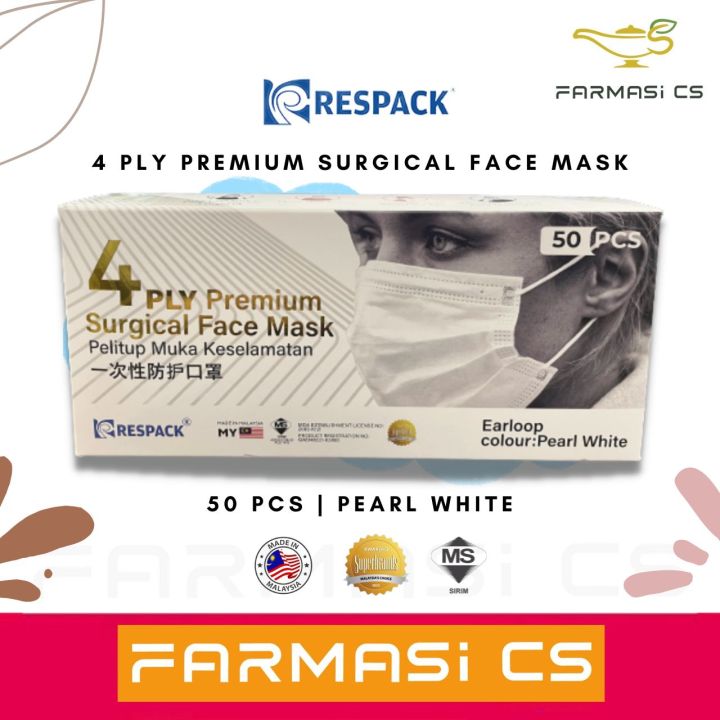 Respack 4Ply Premium Surgical Face Mask 50pcs (Pearl White) [earloop, 4 ply] | Lazada