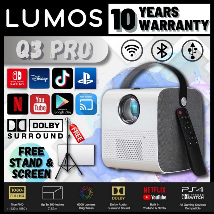 LUMOS Projector Q3 PRO Portable Smart 4K Full HD Projector OS Android WiFi Bluetooth HDMI ...