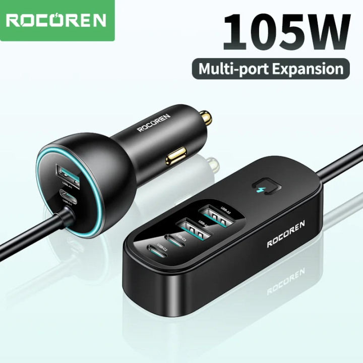 Rocoren 105W 6 in 1 Multi Port Car Charger USB Type C QC4.0 PD3.0 Super ...