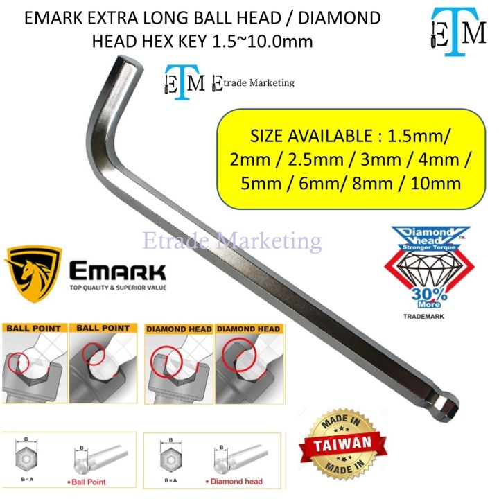 EMARK Extra Long Ball Head Hex Key Diamond Head Hex Key 1.5 to 10.0mm ...