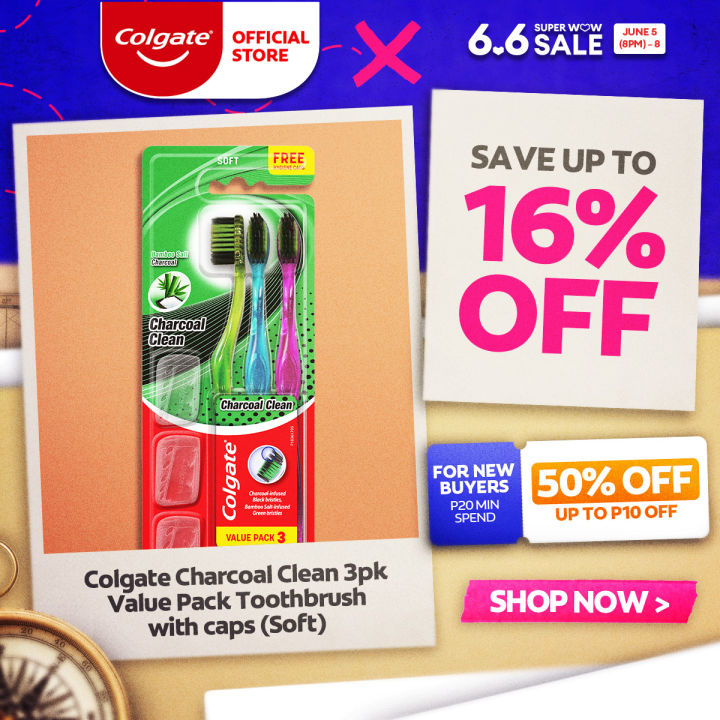 Colgate Charcoal Clean 3pk Value Pack Toothbrush with caps (Soft ...