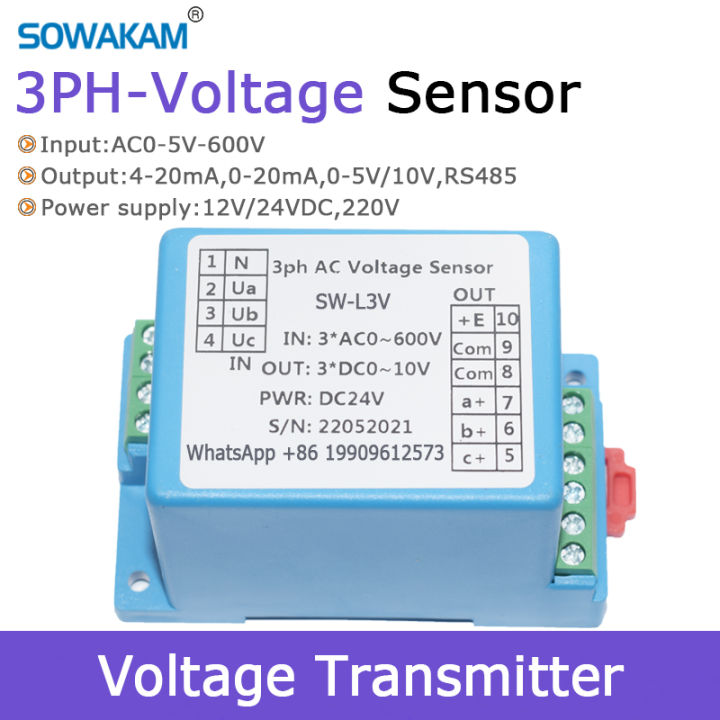 3-Phase AC Voltage Transmitter AC0-5V-600V Voltage Detection 4-20mA 0-20mA 0-5V 10V RS485 Output ...