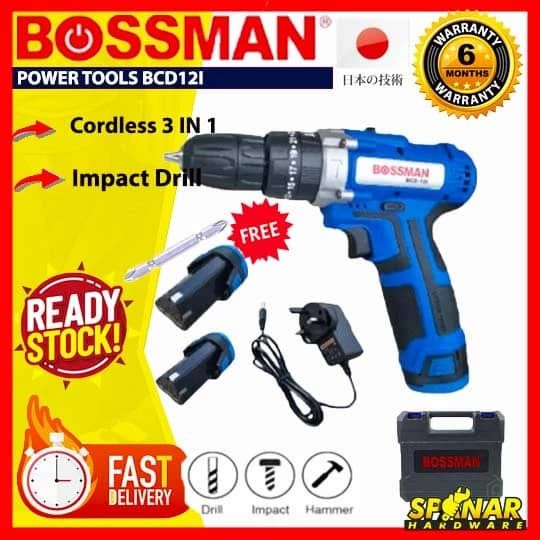 Bossman Bcd12i Cordless Impact Hammer Drill Set Rechargeable Li Ion