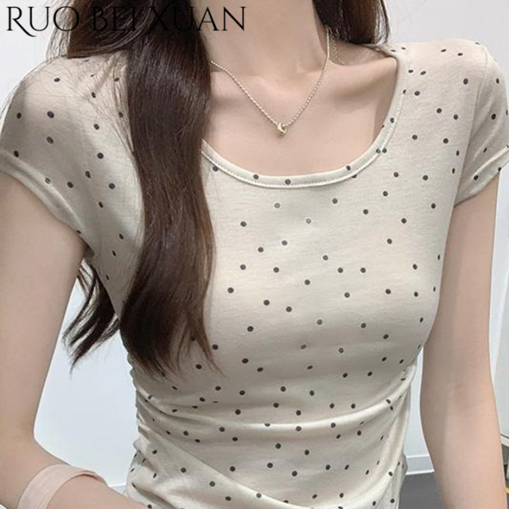 Ruo Bei Xuan เสื้อยืดแขนสั้นเปิดไหล่ลายจุดแขนสั้น | Lazada.co.th