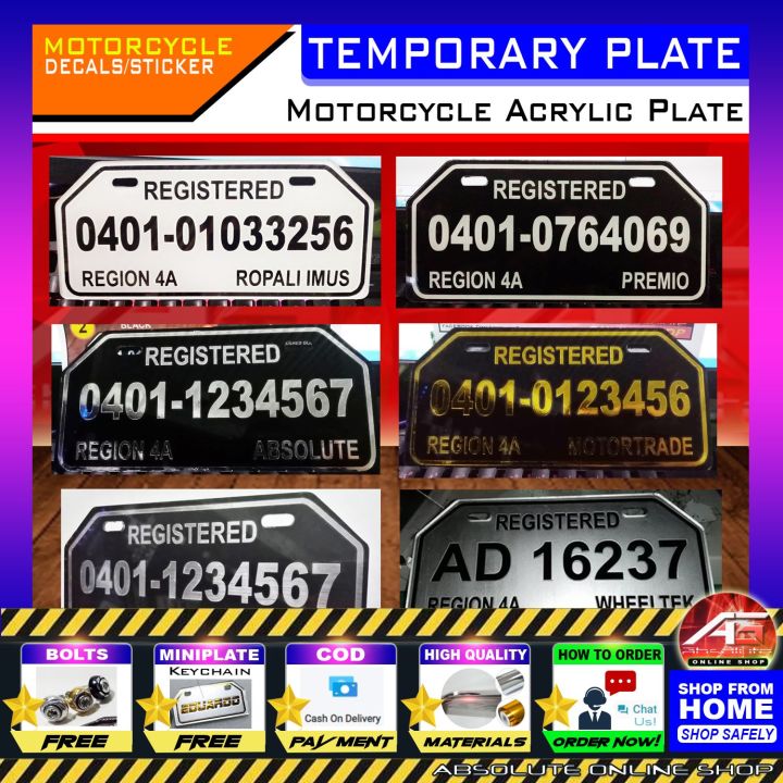 #1 ACRYLIC MOTORCYCLE TEMPORARY PLATE - LTO Standard Layout (WHITE ...