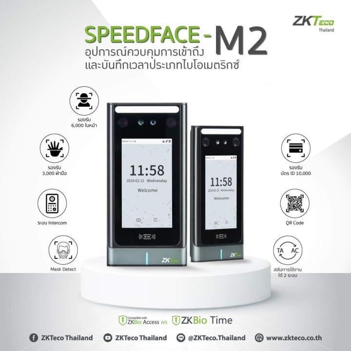 ZKTeco SpeedFace M2 สแกนใบหน้า(ไม่ต้องถอดหน้ากาก) ฝ่ามือ(ไม่ต้องสัมผัสเครื่อง) ทาบบัตร เปิดประตู ...