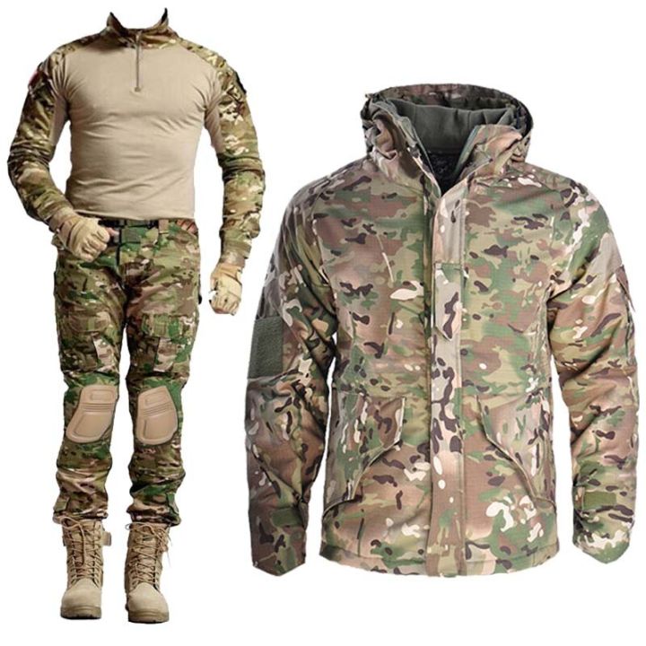 Men Outdoor Tactical Jacket+Pants+Shirts With Pads Hunting Coat Hooded ...