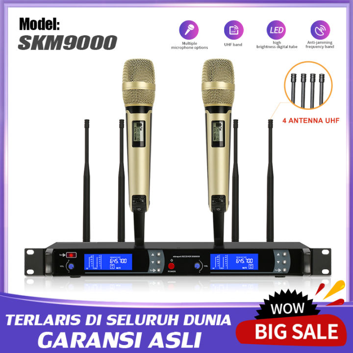 SKM9000 Mikrofon Nirkabel Satu untuk Dua 2 Mikrofon Genggam UHF True Diversity 4 Antena Jarak ...