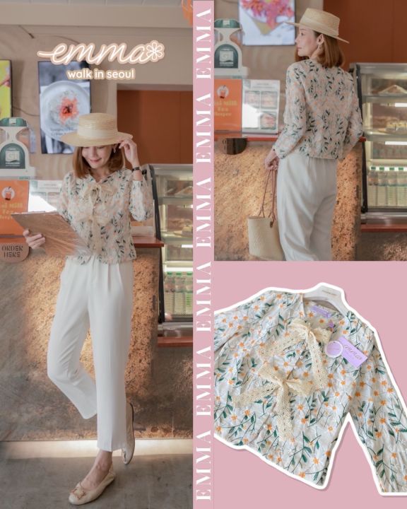 Emma Walk in Seoul เสื้อผ้าคอตตอนปักดอกเดซี่ทั้งตัว ดีเทลด้านหน้าผูก ...