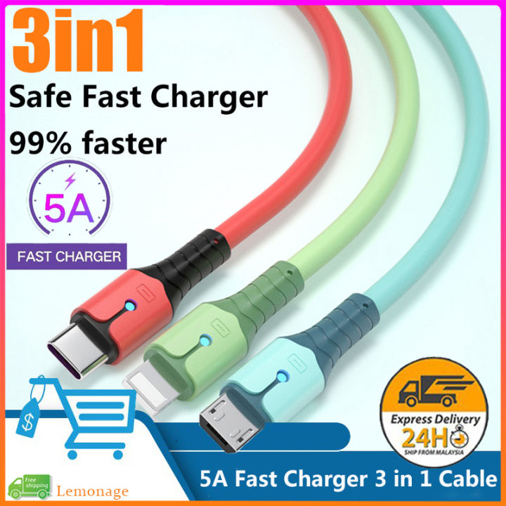 【Ready Stock】3 in 1 5A USB Fast Charger Cord Liquid Silicone with Led ...