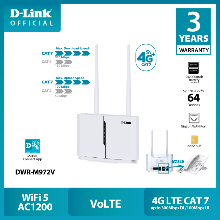D-Link DWR-M972V 4G LTE CAT7 Wi-Fi Router แบบใส่ซิมขนาด Nano SIM ...