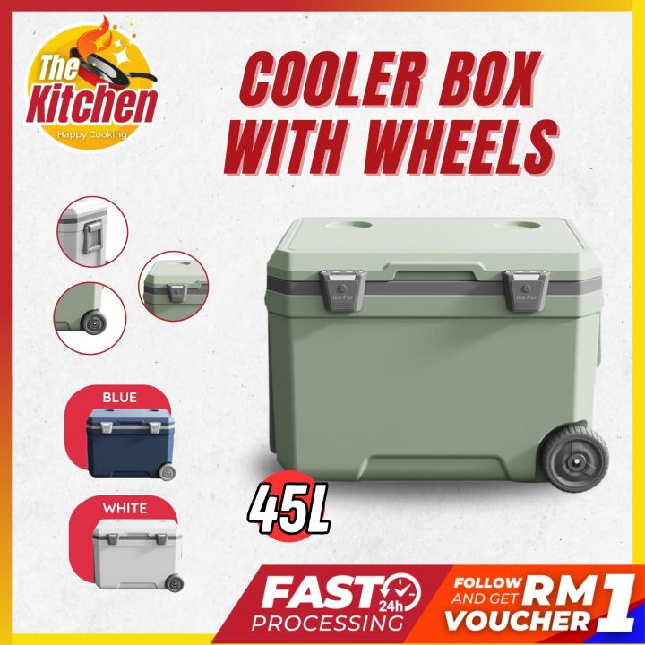 45L Portable Cooler Box With Wheel Roller Ice Coolerbox Food Storage ...