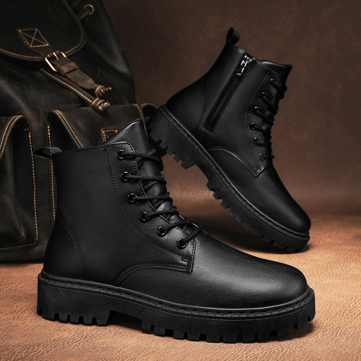 Men's casual short boots, solid color business leather boots ...