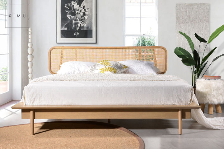 PHILO Wooden/ Solid Wood Bed Frame/ Natural rattan/ Minimalist/ Bedroom ...