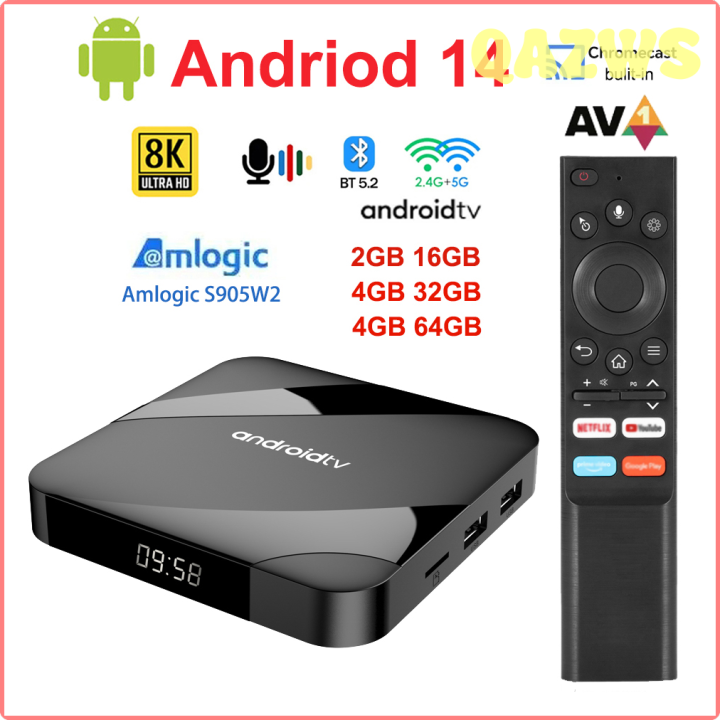 QAZWS Android 14 TV Box 4GB 32GB 64GB Amlogic S905W2 AV1 Dual Wifi BT Voice Remote Control Media ...