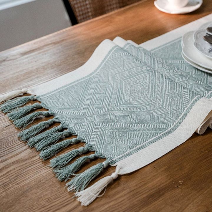 Nordic Table Runner Green Nordic Jacquard Geometric Table Flag Fringe ...