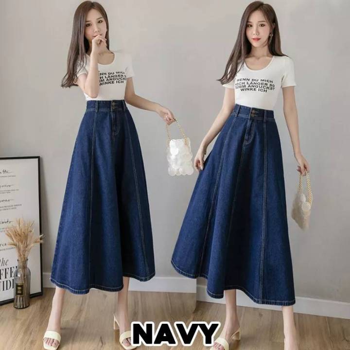 Fashion wanita rok korean style rok jeans 7/8 // rok highwaist pleated ...