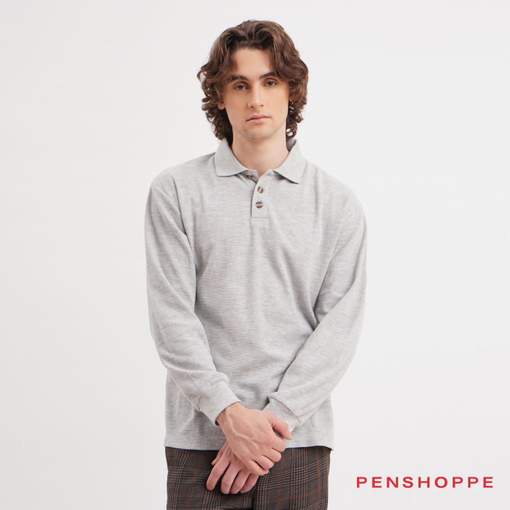 Penshoppe Relaxed Fit Long Sleeve Waffle Knit Polo For Men (Light Gray ... Penshoppe Relaxed Fit Long Sleeve Waffle Knit Polo For Men (Light Gray ...