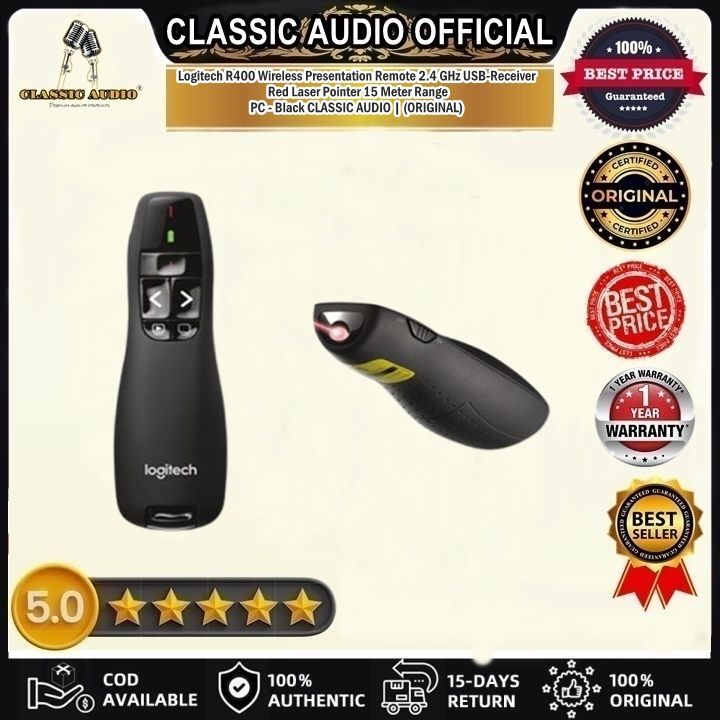 Logitech R400 Wireless Presentation Remote 2.4 GHz USB-Receiver Red Laser Pointer 15 Meter Range ...