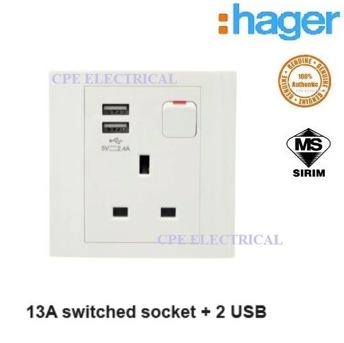 Hager MUSE WGMS113SUSB 13A Single Switched Socket Outlet (with 2-ports ...