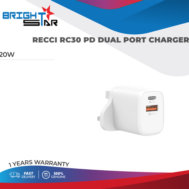 RECCI RC30 PD DUAL PORT CHARGER/ 20W / 1 YEAR WARANTY | Lazada