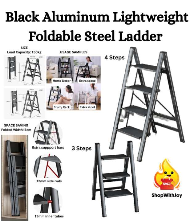 【ShopWithJoy】3/4 Pedal Tangga Rumah Steps Foldable Steel Ladder Black ...