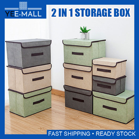 2 in 1 Korean Storage Box Foldable Linen Cloth Collapsible Storage Cube ...