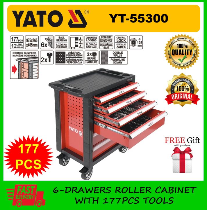 YATO YT-55300 ROLLER CABINET WITH 177PCS TOOLS 6-DRAWERS, TOOL BOX | Lazada