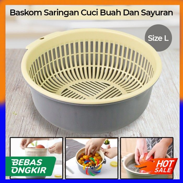 Baskom Saringan Cuci Buah Sayuran Drain Bucket Double Layer Size L ...