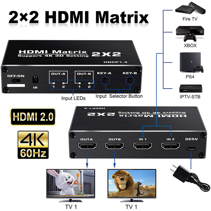 TANG STORE 4K 60hz HDMI Switch 2 In 2 Out HDMI Matrix Switcher with IR ...