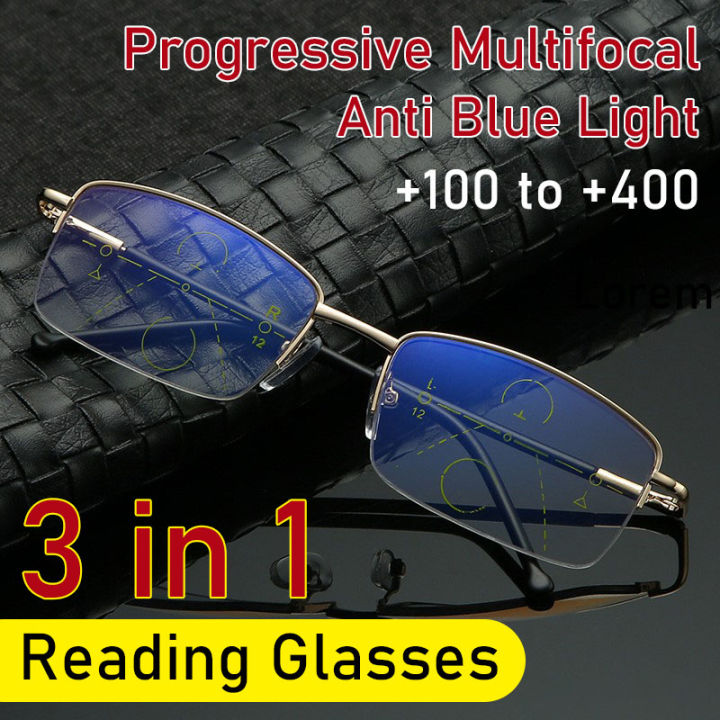 3 In 1 Progressive Multifocal Reading Glasses For Men Anti Blue Light