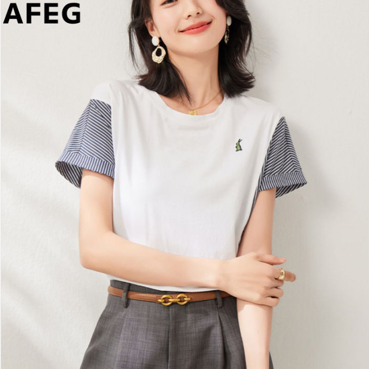 AFEG เสื้อยืดคอกลมแขนสั้น,เสื้อลำลองแขนสั้นสีเย็บปะติดทรงหลวมฉบับภาษา ...