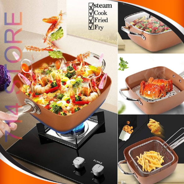 714 STORE Non Sticky Pan Copper Square Pan Set 4 In 1 Non-Stick Copper ...