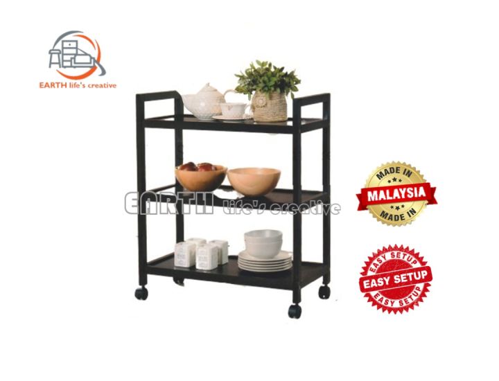 EARTH 3 Tier Wooden Kitchen Trolley with Castor/Wooden Trolley Storage ...
