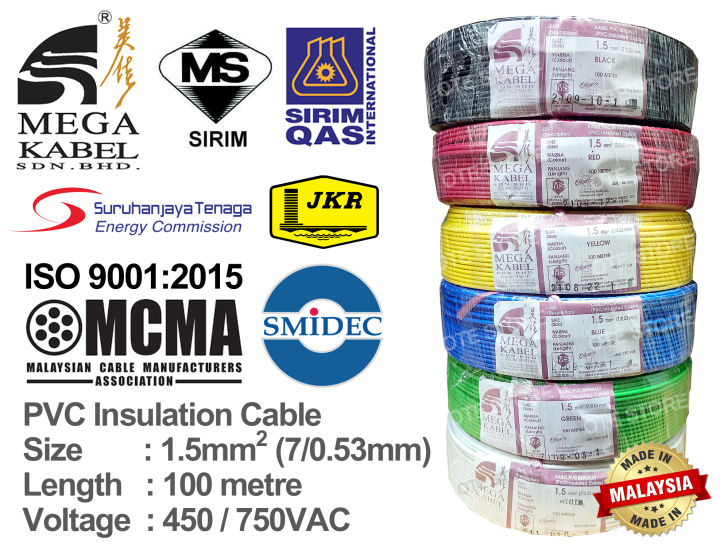 Mega Kabel PVC 1.5mm 7/0.53mm Single Cable 100M (Red / Yellow / Blue ...