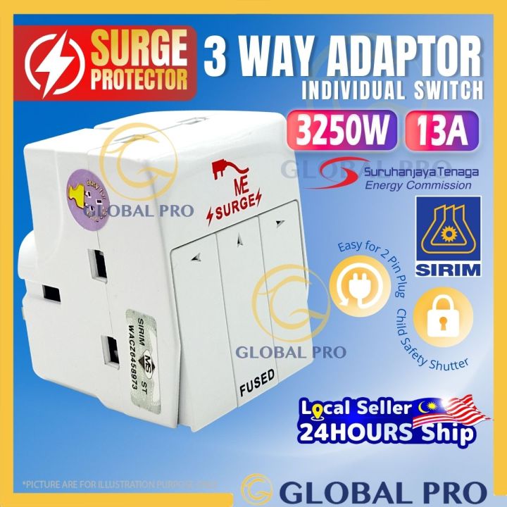 13A 3WAY Adaptor Surge Protector Neon Light Safety Shutter 13A Easy for ...