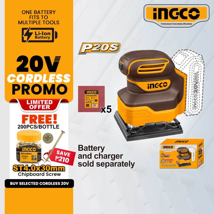 Ingco 20V Lithium-Ion Cordless Palm Sander Wood Finish Sheet Sander ...