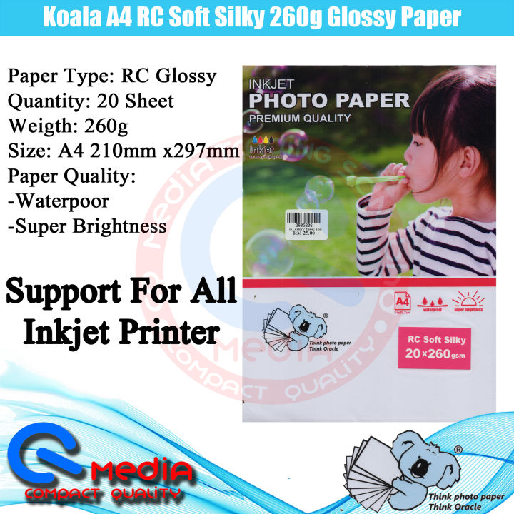 Koala A4 260g RC (Resin Coated ) Glossy Photo Paper (20 Sheet/Pack) | Lazada