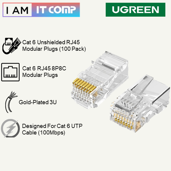 UGREEN Cat 6 Unshielded RJ45 Modular Plugs (100Pack) / Gold Plated 3U ...