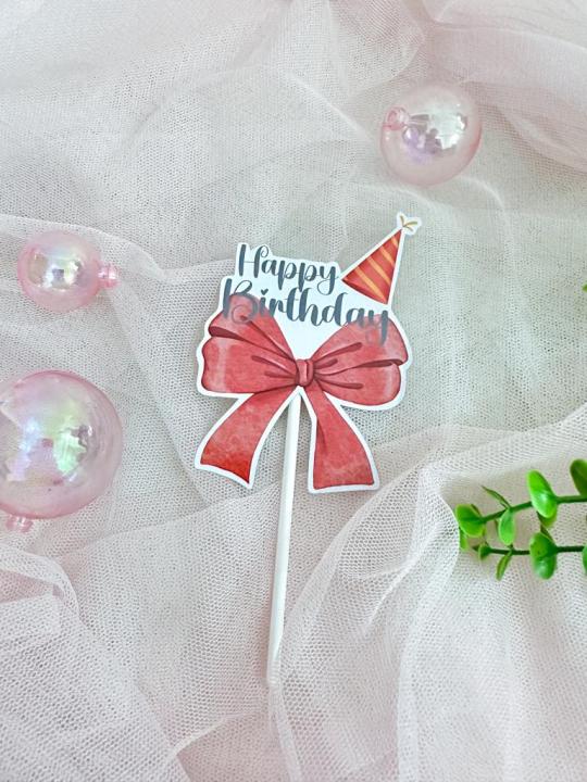 Topper Cake / Hiasan Kue Happy Birthday Pita Ribbon Merah Topi | Lazada ...