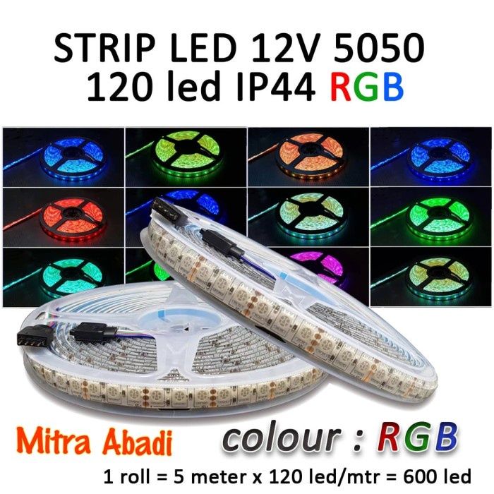 Lampu LED Strip SMD 5050 RGB 120 LED/Meter DC 12V IP44 WATERPROOF ...