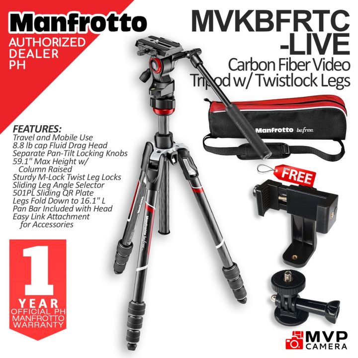 [AUTHORIZED PH] MANFROTTO MVKBFRTC-LIVE Befree Live Carbon Fiber Video Tripod Kit Twist Leg Lock ...