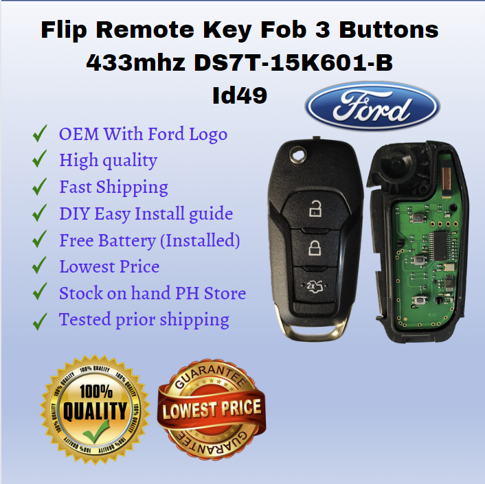 Flip Remote Key Fob 3 Buttons 434mhz, 433mhz, Id49, For Ford Everest ...