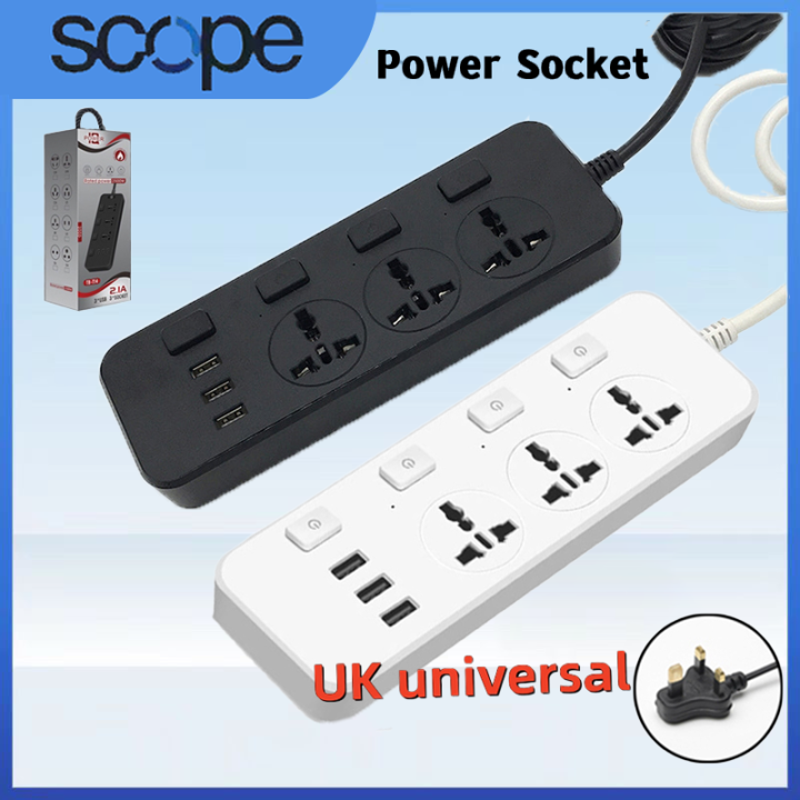 3 USB Port 3 UK Universal Power Strip 2Meter Extension Plug Power ...