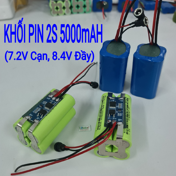 Khối pin 2S 7,2V 5000mAH - 20A. (7,2V Cạn - 8,4V Đầy). Được đóng từ 4 ...