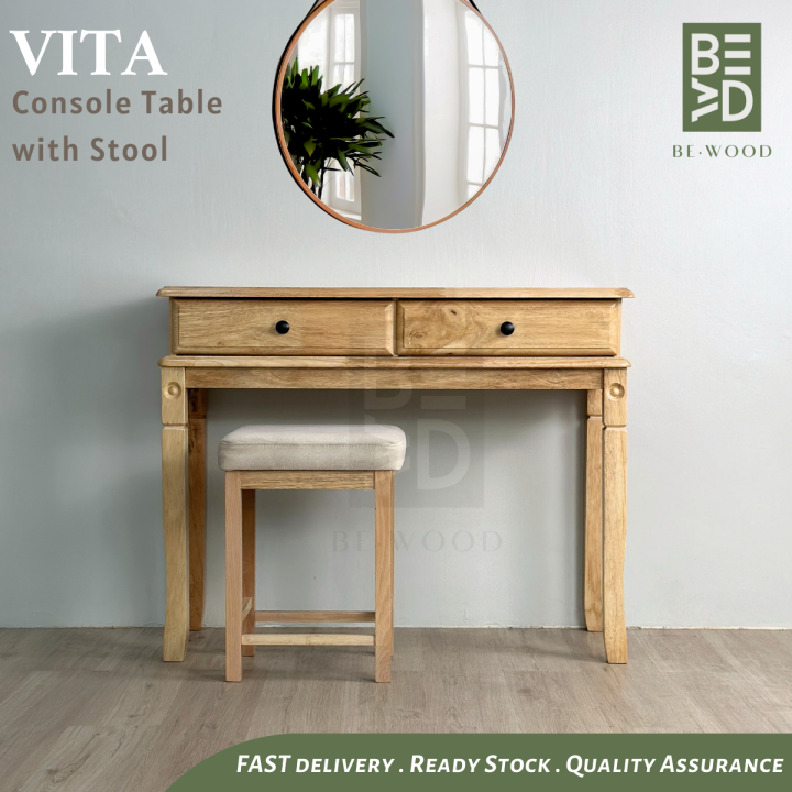 VITA Solid Wood Console Table with Stool 2 Drawer Console Meja Study ...